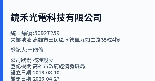 鏡禾光電科技有限公司的照片-統編 50927259(高雄市) 公司登記資料與營業項目詳細圖表