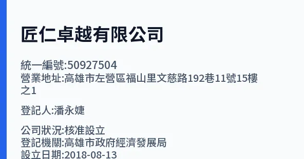匠仁卓越有限公司的照片-統編 50927504(高雄市) 公司登記資料與營業項目詳細圖表