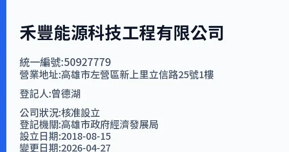 禾豐能源科技工程有限公司的照片-統編 50927779(高雄市) 公司登記資料與營業項目詳細圖表