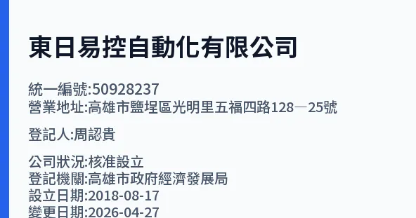 東日易控自動化有限公司的照片-統編 50928237(高雄市) 公司登記資料與營業項目詳細圖表