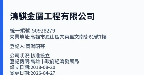 鴻騏金屬工程有限公司的照片-統編 50928279(高雄市) 公司登記資料與營業項目詳細圖表