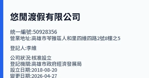悠閒渡假有限公司的照片-統編 50928356(高雄市) 公司登記資料與營業項目詳細圖表