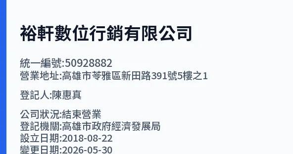 裕軒數位行銷有限公司的照片-統編 50928882(高雄市) 公司登記資料與營業項目詳細圖表