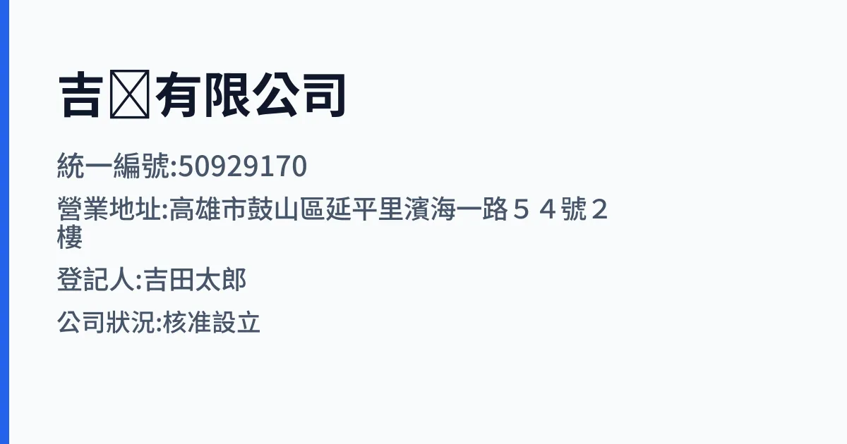 吉粋有限公司 - 統編 50929170(高雄市) 公司登記資料與營業項目詳細圖表