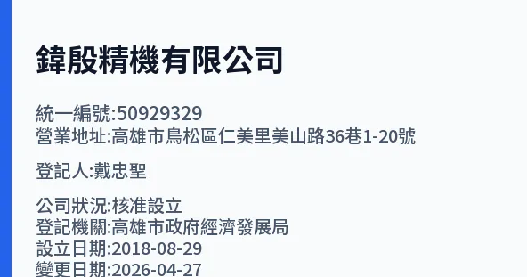 鍏殷精機有限公司的照片-統編 50929329(高雄市) 公司登記資料與營業項目詳細圖表