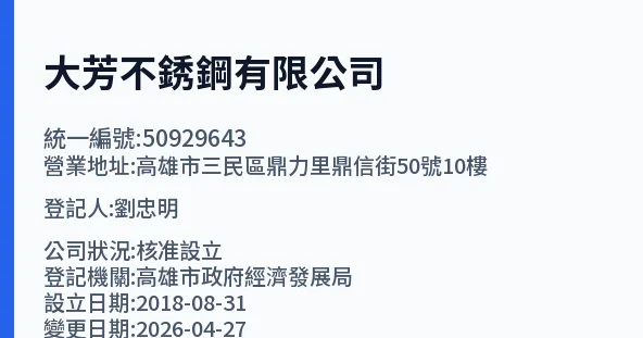 大芳不銹鋼有限公司的照片-統編 50929643(高雄市) 公司登記資料與營業項目詳細圖表