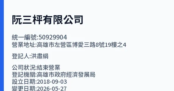 阮三枰有限公司的照片-統編 50929904(高雄市) 公司登記資料與營業項目詳細圖表