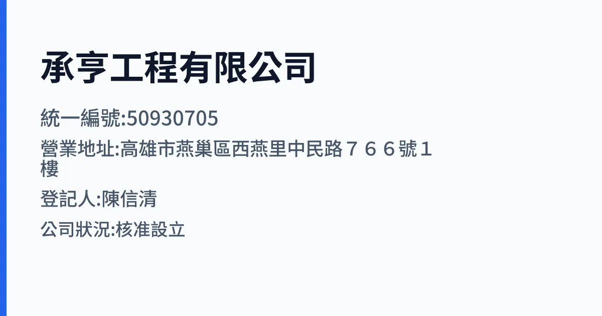 承亨工程有限公司 - 統編 50930705(高雄市) 公司登記資料與營業項目詳細圖表