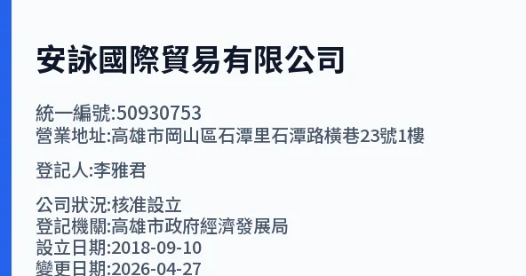 安詠國際貿易有限公司的照片-統編 50930753(高雄市) 公司登記資料與營業項目詳細圖表