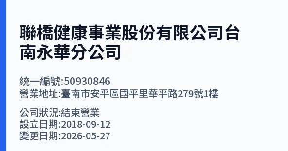 聯橋健康事業股份有限公司台南永華分公司的照片-統編 50930846(臺南市) 公司登記資料與營業項目詳細圖表