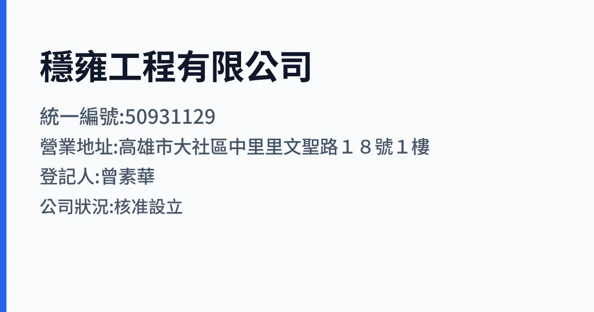 穩雍工程有限公司 - 統編 50931129(高雄市) 公司登記資料與營業項目詳細圖表