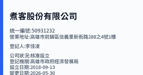 煮客股份有限公司的照片-統編 50931232(高雄市) 公司登記資料與營業項目詳細圖表