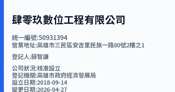 肆零玖數位工程有限公司的照片-統編 50931394(高雄市) 公司登記資料與營業項目詳細圖表