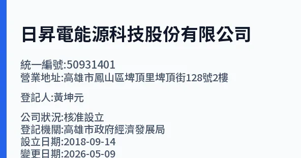 日昇電能源科技股份有限公司的照片-統編 50931401(高雄市) 公司登記資料與營業項目詳細圖表