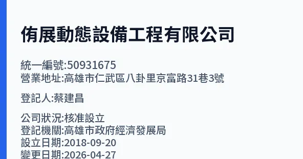 侑展動態設備工程有限公司的照片-統編 50931675(高雄市) 公司登記資料與營業項目詳細圖表