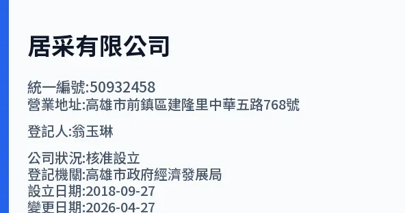 居采有限公司的照片-統編 50932458(高雄市) 公司登記資料與營業項目詳細圖表