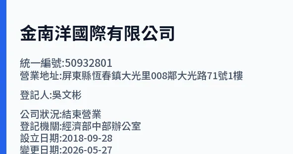 金南洋國際有限公司的照片-統編 50932801(屏東縣) 公司登記資料與營業項目詳細圖表