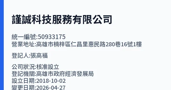 謹誠科技服務有限公司的照片-統編 50933175(高雄市) 公司登記資料與營業項目詳細圖表