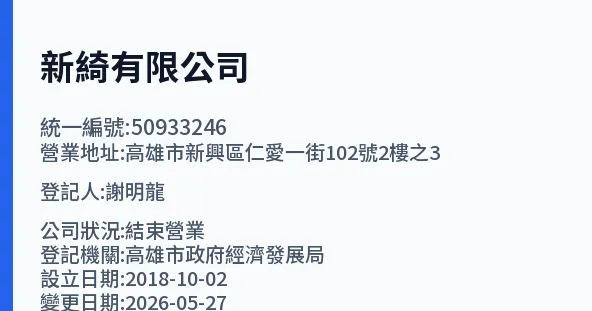 新綺有限公司的照片-統編 50933246(高雄市) 公司登記資料與營業項目詳細圖表