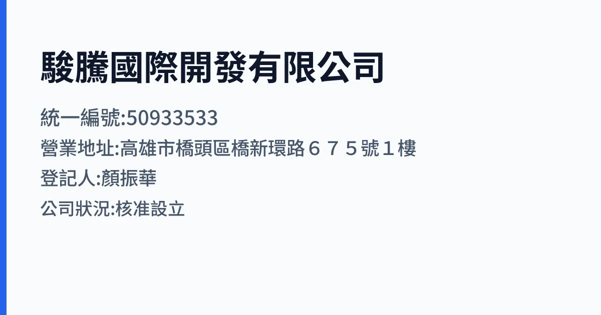 駿騰國際開發有限公司 - 統編 50933533(高雄市) 公司登記資料與營業項目詳細圖表