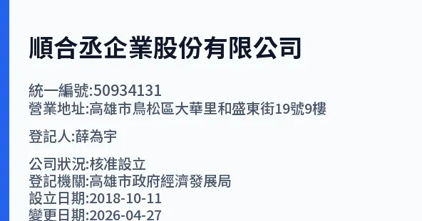 順合丞企業股份有限公司的照片-統編 50934131(高雄市) 公司登記資料與營業項目詳細圖表