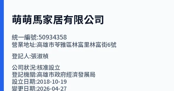 萌萌馬家居有限公司的照片-統編 50934358(高雄市) 公司登記資料與營業項目詳細圖表