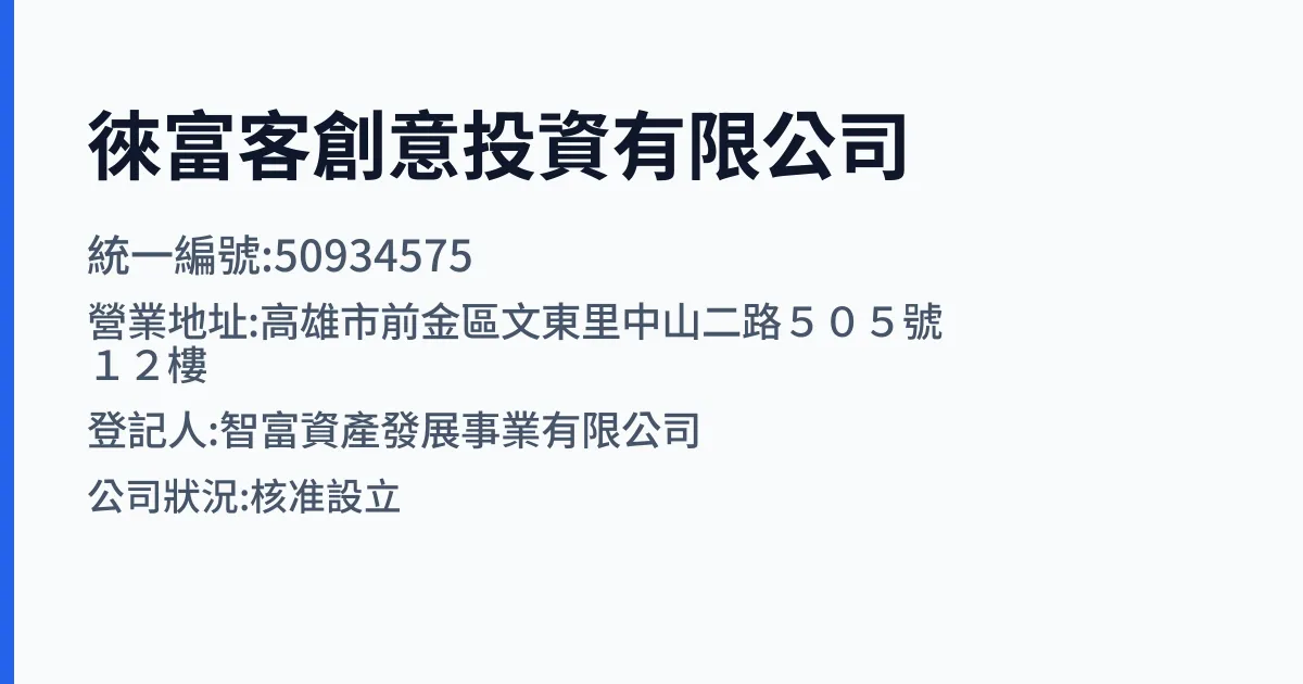 徠富客創意投資有限公司 - 統編 50934575(高雄市) 公司登記資料與營業項目詳細圖表