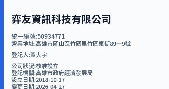 弈友資訊科技有限公司的照片-統編 50934771(高雄市) 公司登記資料與營業項目詳細圖表