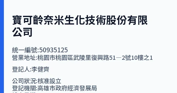 寶可齡奈米生化技術股份有限公司的照片-統編 50935125(桃園市) 公司登記資料與營業項目詳細圖表