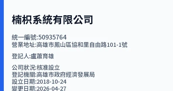 楠枳系統有限公司的照片-統編 50935764(高雄市) 公司登記資料與營業項目詳細圖表