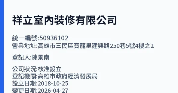祥立室內裝修有限公司的照片-統編 50936102(高雄市) 公司登記資料與營業項目詳細圖表