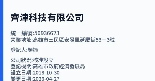 齊津科技有限公司的照片-統編 50936623(高雄市) 公司登記資料與營業項目詳細圖表