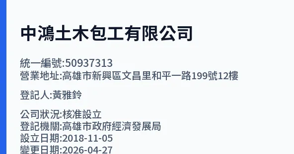 中鴻土木包工有限公司的照片-統編 50937313(高雄市) 公司登記資料與營業項目詳細圖表