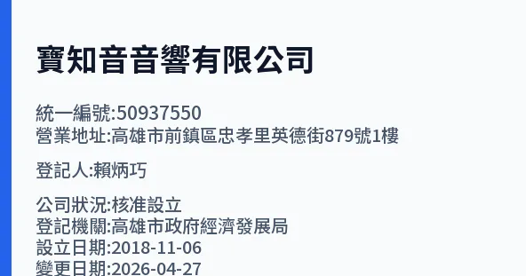 寶知音音響有限公司的照片-統編 50937550(高雄市) 公司登記資料與營業項目詳細圖表