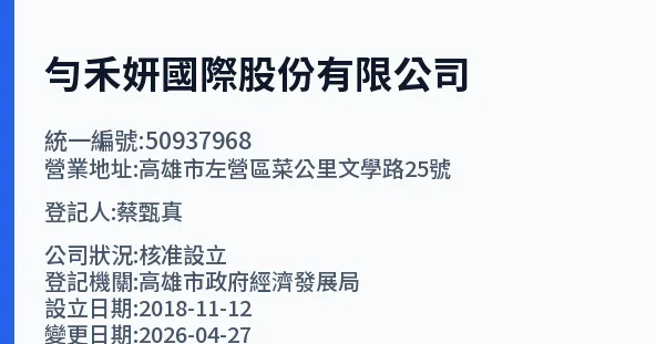 勻禾妍國際股份有限公司的照片-統編 50937968(高雄市) 公司登記資料與營業項目詳細圖表
