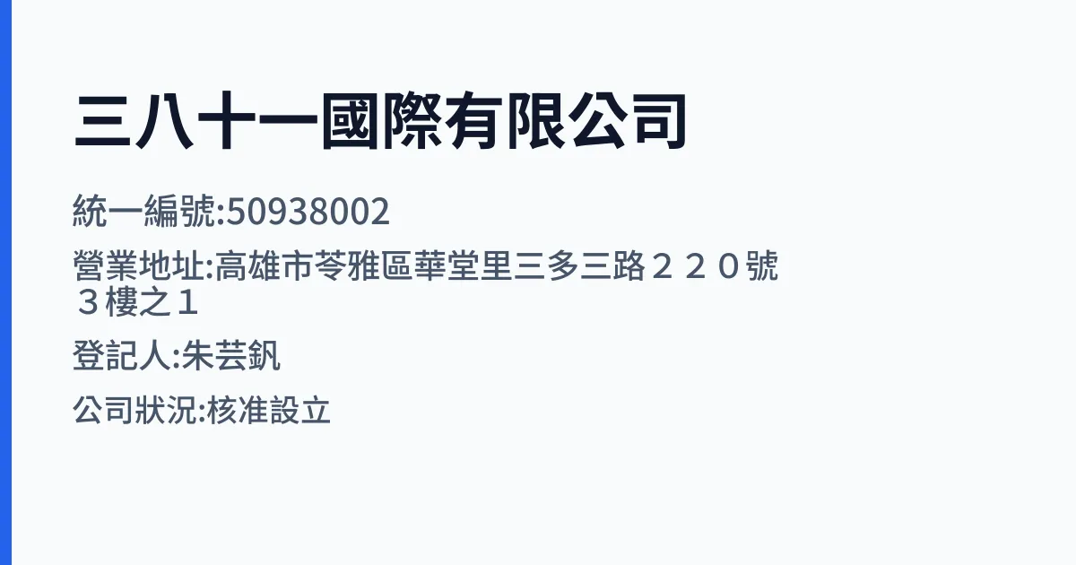 三八十一國際有限公司 - 統編 50938002(高雄市) 公司登記資料與營業項目詳細圖表