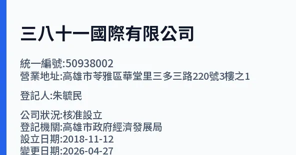 三八十一國際有限公司的照片-統編 50938002(高雄市) 公司登記資料與營業項目詳細圖表