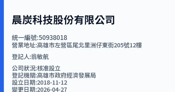 晨炭科技股份有限公司的照片-統編 50938018(高雄市) 公司登記資料與營業項目詳細圖表