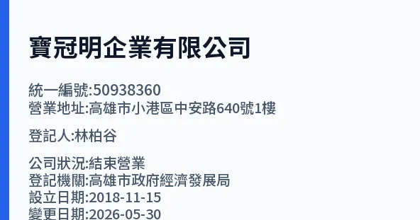 寶冠明企業有限公司的照片-統編 50938360(高雄市) 公司登記資料與營業項目詳細圖表
