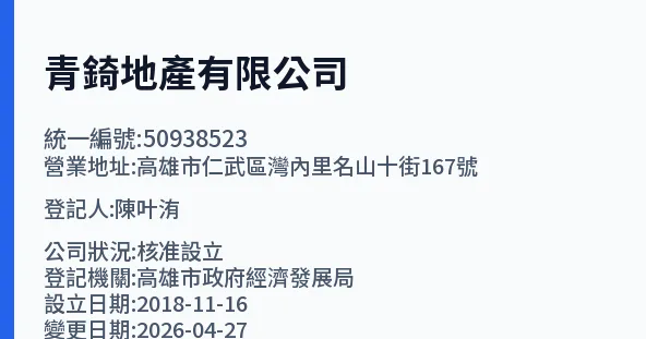 青錡地產有限公司的照片-統編 50938523(高雄市) 公司登記資料與營業項目詳細圖表