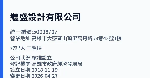 繼盛設計有限公司的照片-統編 50938707(高雄市) 公司登記資料與營業項目詳細圖表