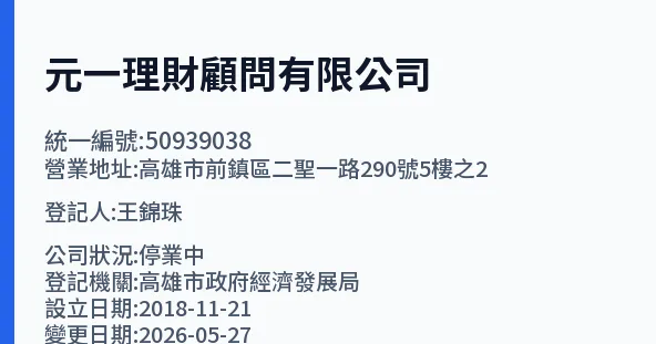元一理財顧問有限公司的照片-統編 50939038(高雄市) 公司登記資料與營業項目詳細圖表