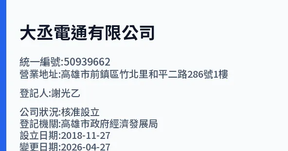 大丞電通有限公司的照片-統編 50939662(高雄市) 公司登記資料與營業項目詳細圖表