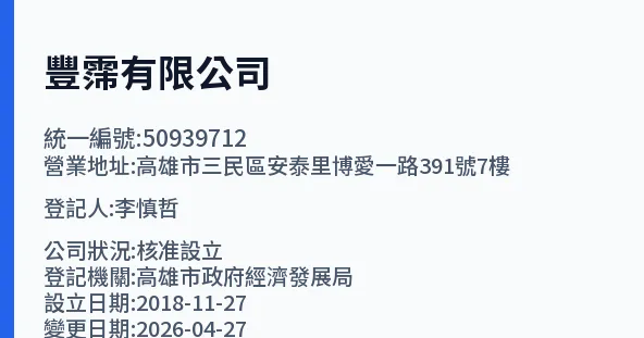 豐霈有限公司的照片-統編 50939712(高雄市) 公司登記資料與營業項目詳細圖表