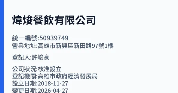 煒焌餐飲有限公司的照片-統編 50939749(高雄市) 公司登記資料與營業項目詳細圖表
