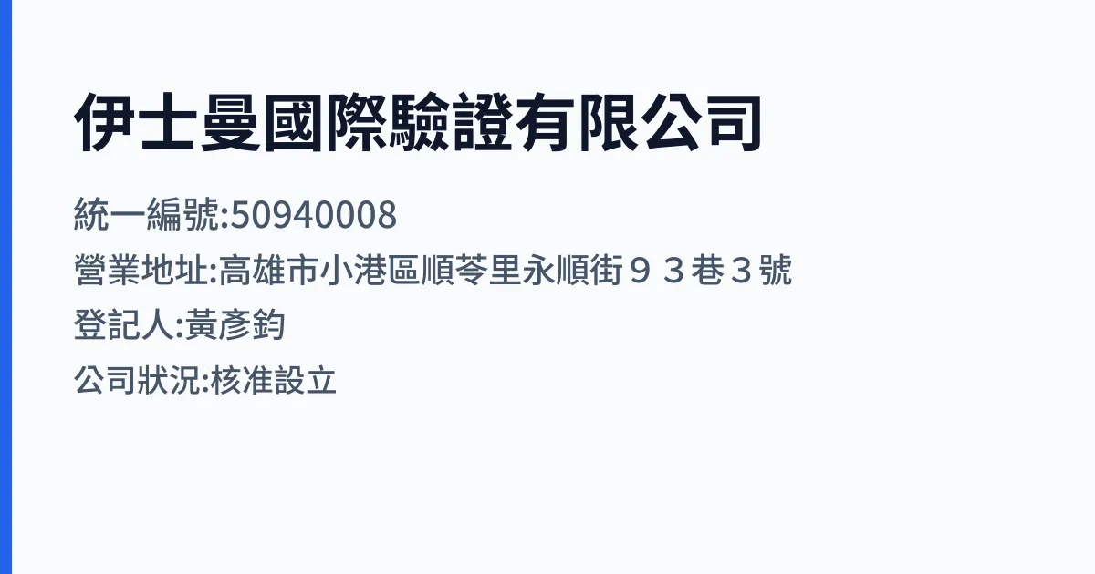 伊士曼國際驗證有限公司 - 統編 50940008(高雄市) 公司登記資料與營業項目詳細圖表