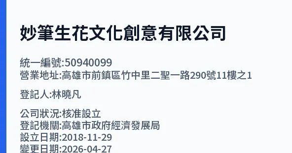 妙筆生花文化創意有限公司的照片-統編 50940099(高雄市) 公司登記資料與營業項目詳細圖表