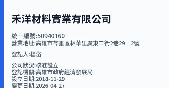 禾洋材料實業有限公司的照片-統編 50940160(高雄市) 公司登記資料與營業項目詳細圖表