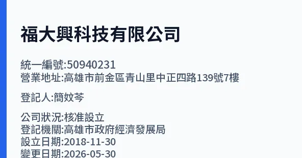 福大興科技有限公司的照片-統編 50940231(高雄市) 公司登記資料與營業項目詳細圖表