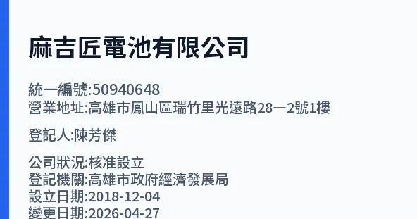 麻吉匠電池有限公司的照片-統編 50940648(高雄市) 公司登記資料與營業項目詳細圖表